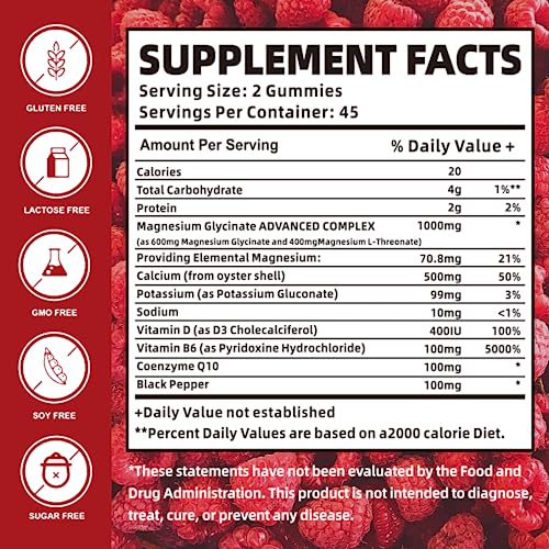 Magnesium Glycinate Gummies 1000mg with Magnesium L-Threonate ，Chelated Magnesium Potassium Complex Supplement with VitD, B6, CoQ10, Calcium,Supports for Memory, Calm, Mood - 90 Raspberry Gummies..