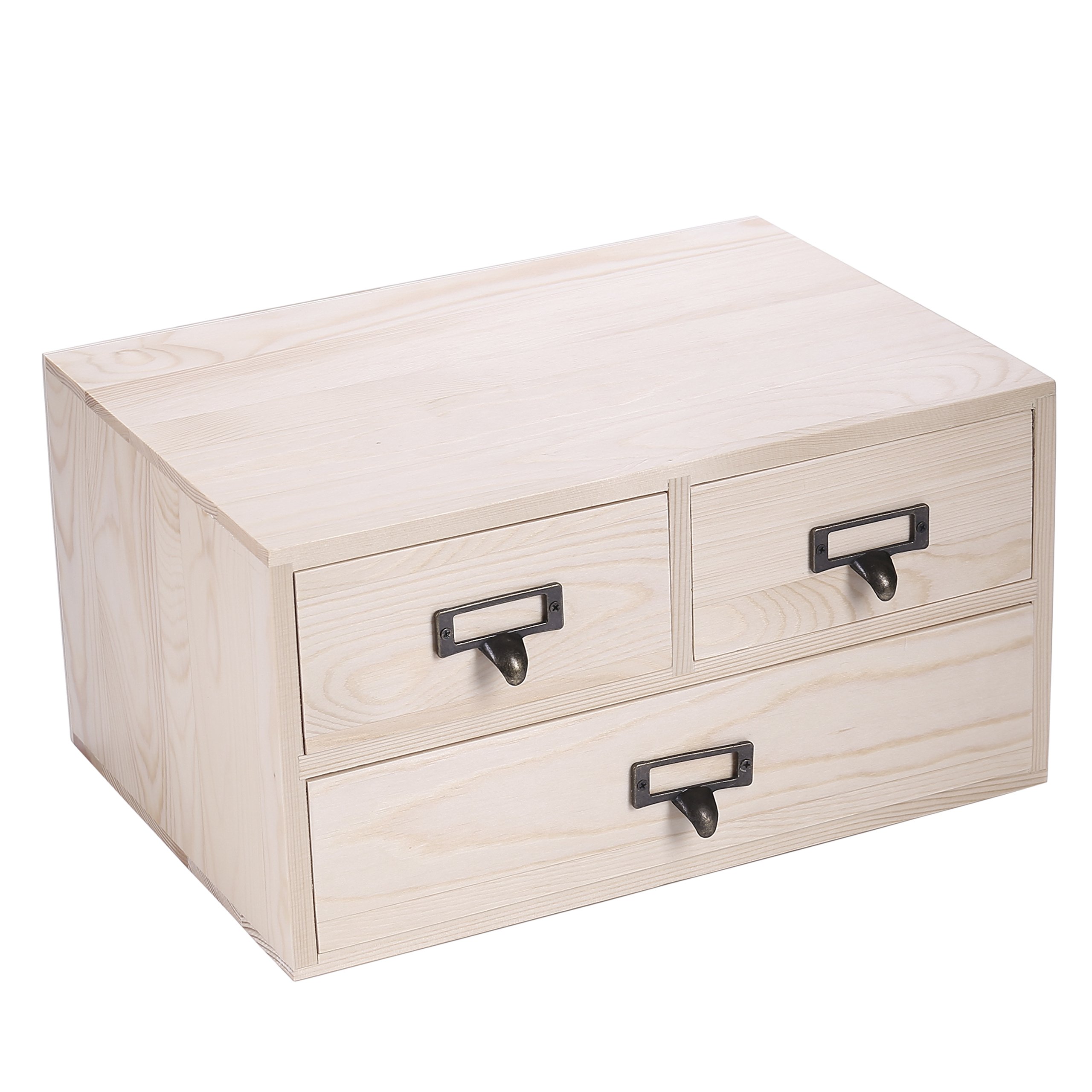 MyGift Natural Beige Wood Desktop Storage Cabinet with 3 Drawers, Small Wooden Box Organizer for Office Supplies, Sewing Kits and Accessories