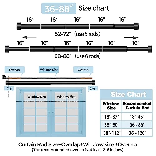 VOIIY Curtain Rods for Windows 48 to 84 Inch(4-7 Feet),Black 1'' Diameter Drapery Rods with End Cap Style Design,Modern Adjustable Heavy Duty Curtain Rod,Size:36''-88''