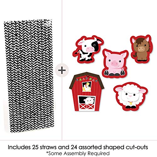 Farm Animals Paper Straw Decor - Baby Shower or Birthday Party Striped Decorative Straws - Set of 24