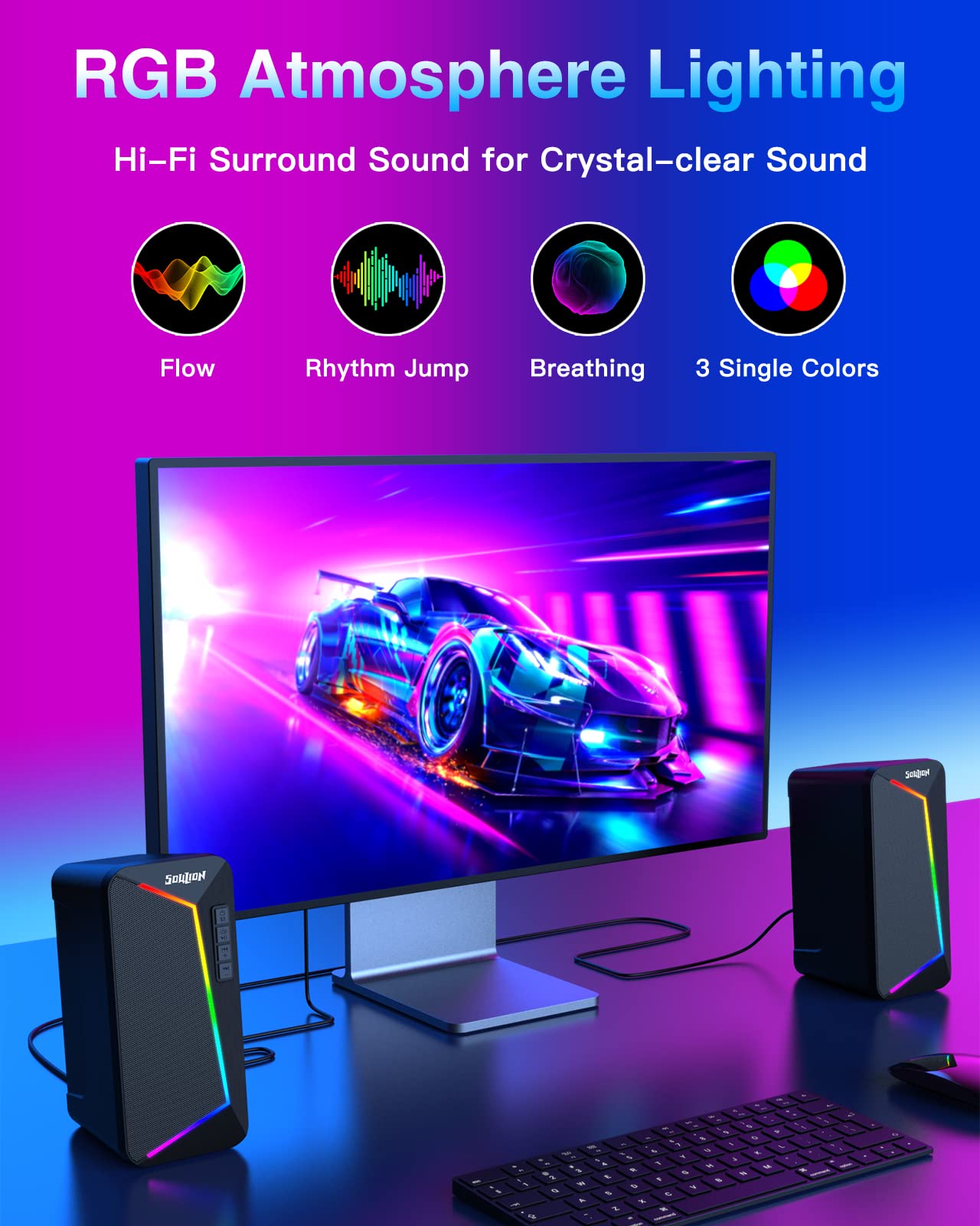 SOULION R40 Computer Speakers, USB/Bluetooth V5.3 Desktop Speakers for PC Monitor Gaming, with Customize 6 Lighting Effects, 2.0 Channel Surround Stereo & Quality Bass