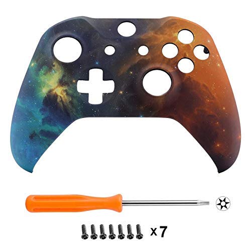 eXtremeRate FlashShot Trigger Stop Bottom Shell Kit & Orange Star Universe Patterned Faceplate Shell for Xbox One S & Xbox One X Controller Model 1708 - Controller NOT Included