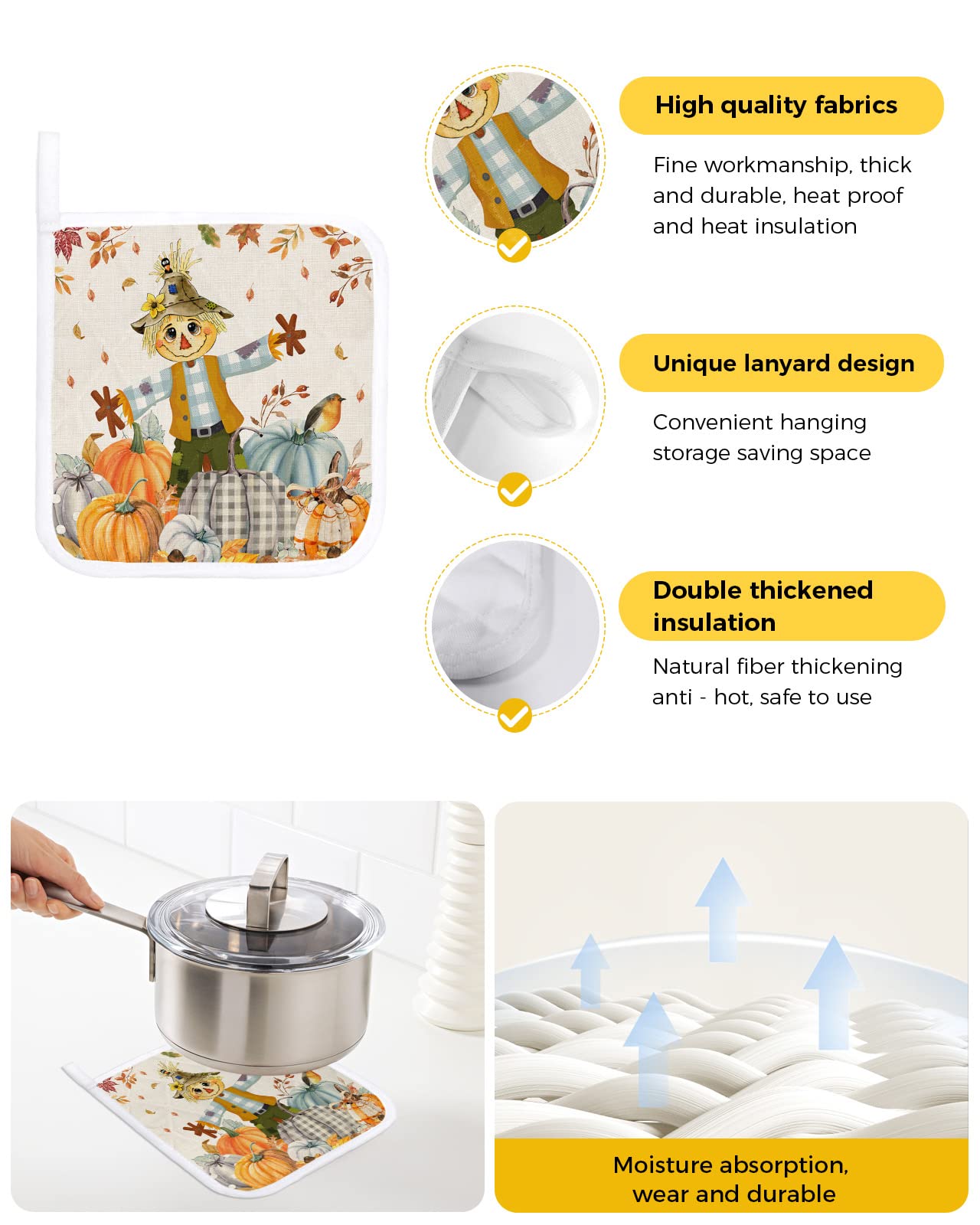 Fall Scarecrow 2 PCS Pot Holders for Kitchens Counter, Autumn Thanksgiving Pumpkin Maple Burlap Heat Insulated Podholders Oven Hot Pads for Cooking BBQ Baking Heat Proof Mat