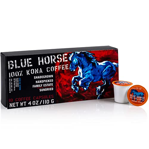 Farm-fresh: 100% Kona Coffee - Medium Roast - Compatible with K-Cup 2.0-10 Single Serve Pods - Blue Horse 100% Kona Coffee Arabica Beans from Hawaii