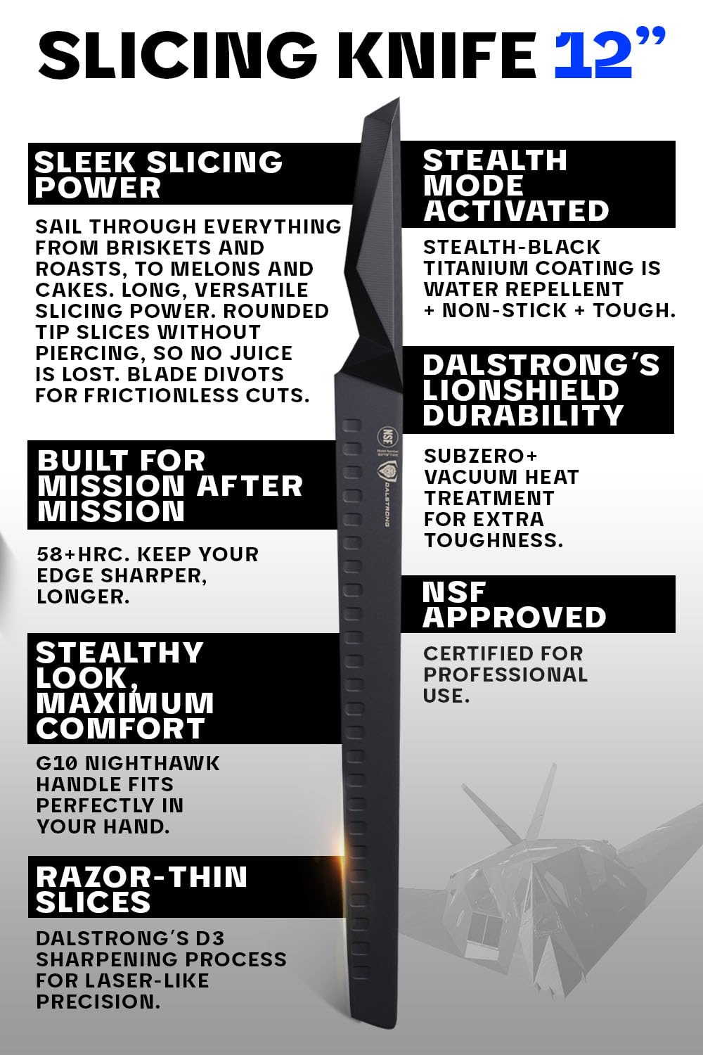 Dalstrong Slicing Knife - 12 inch - Shadow Black Series - Black Titanium Nitride Coated - High Carbon - 7CR17MOV-X Vacuum Treated Steel Carving Knife - Sheath - Kitchen Knife Slicer - NSF Certified