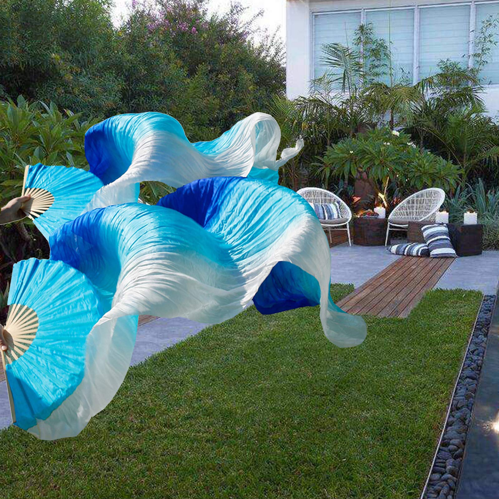 FOSER 1 Pair 1.8M Silk Belly Dance Fan, National Dance Dancing Long Bamboo Fan(Left + Right) (Gradual Blue)