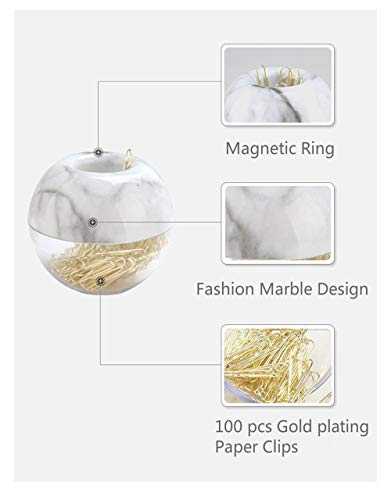 Magnetic Paper Clip Holder, Marble White Holder with Gold Paper Clips 100pcs 28mm(1.1") Cute Office Supplies for Desk Organizer