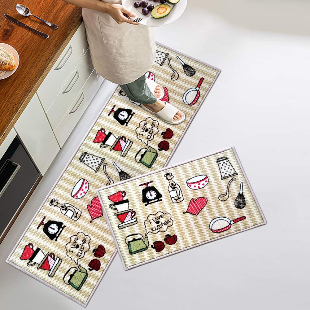 FAMIFIRST Kitchen Rug 2 Piece Printed Nylon Kitchen Mat Latex Backing Machine Washable, 16''x47''+16''x23'', Dinnerware