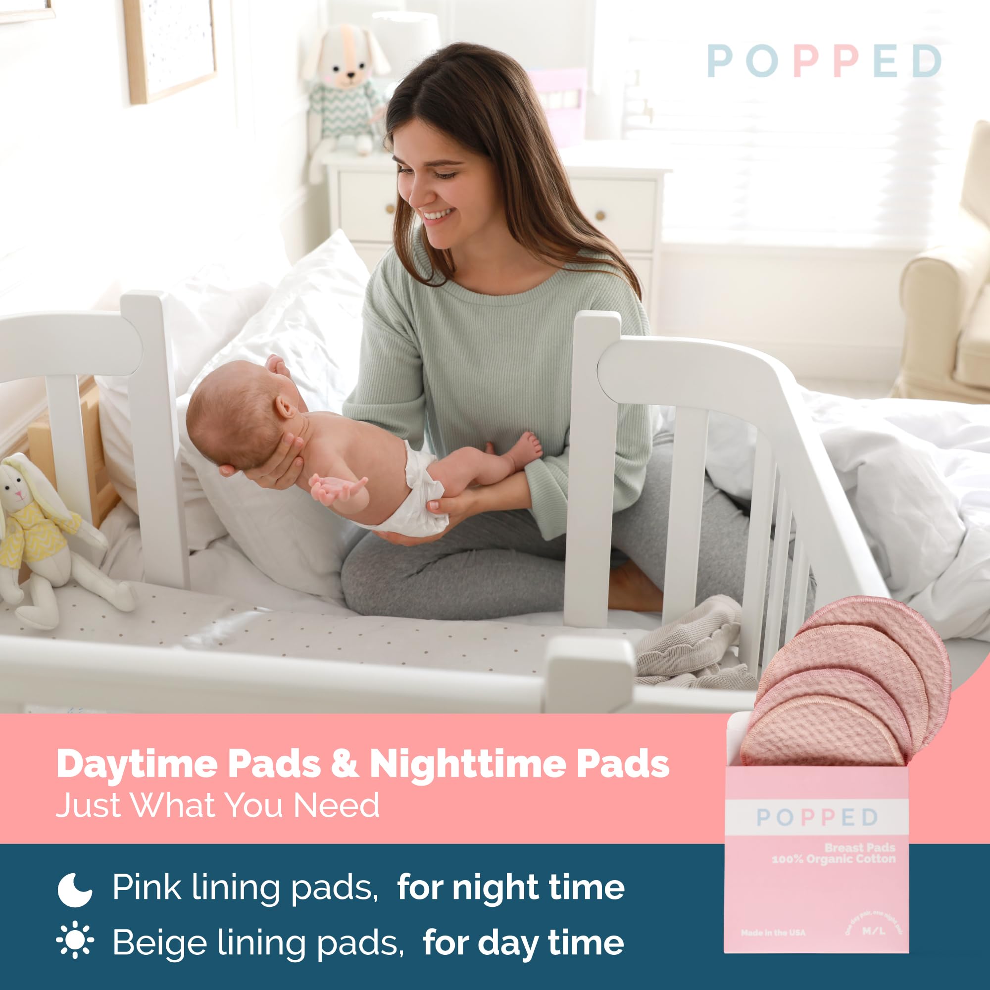 Popped Organic Cotton Breast Pads | Reusable and Washable Nursing Pads | Extra Absorbent Breastfeeding Pads | 1 Day Pair, 1 Night Pair (Pink, 4.5")