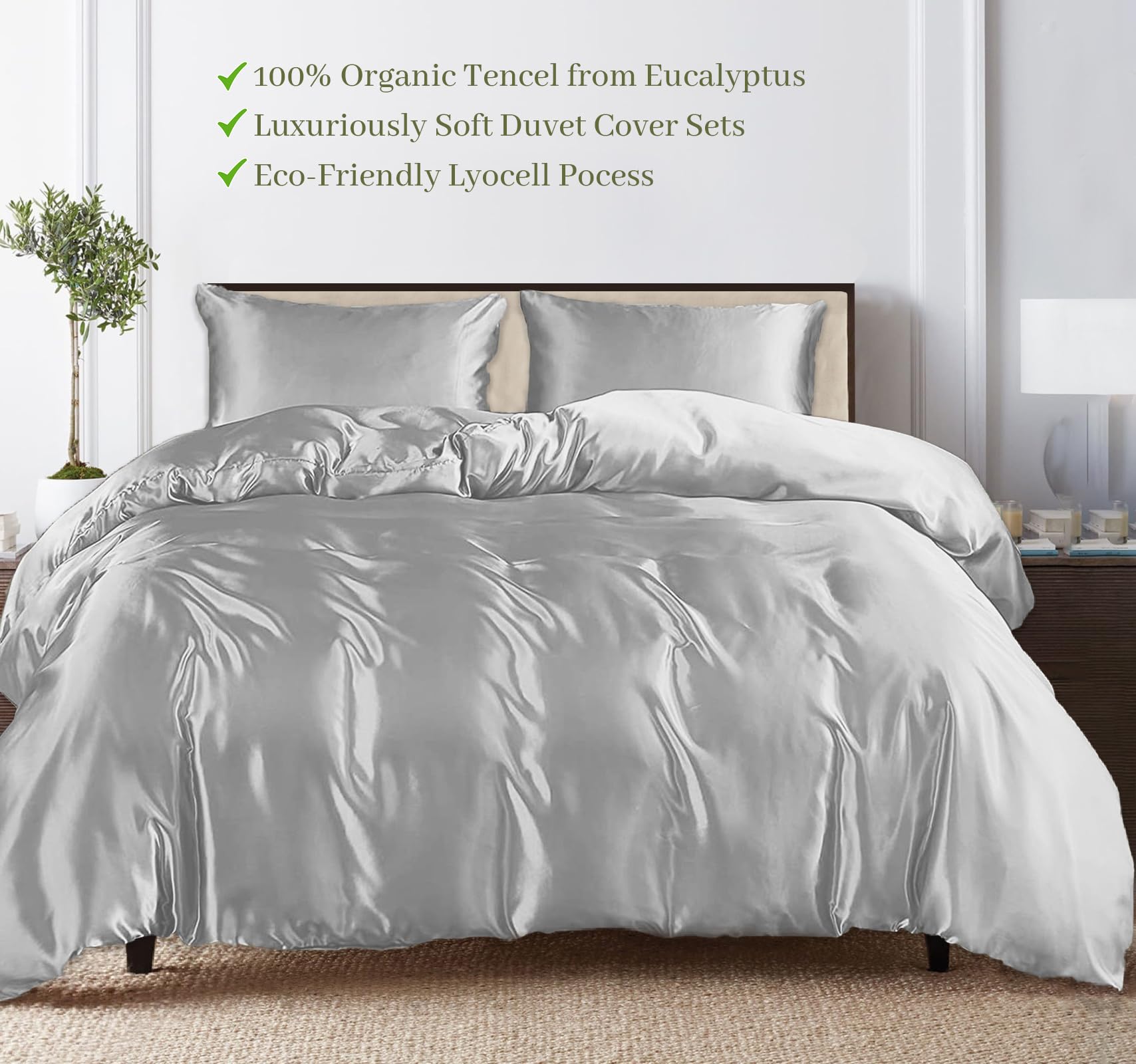 Linenwalas Tencel Lyocell Duvet Cover Set with Deep Pocket Fitted Sheet, Viscose Made from Eucalyptus Soft, Lightweight and Breathable Complete Bedding Set (Silver, King)