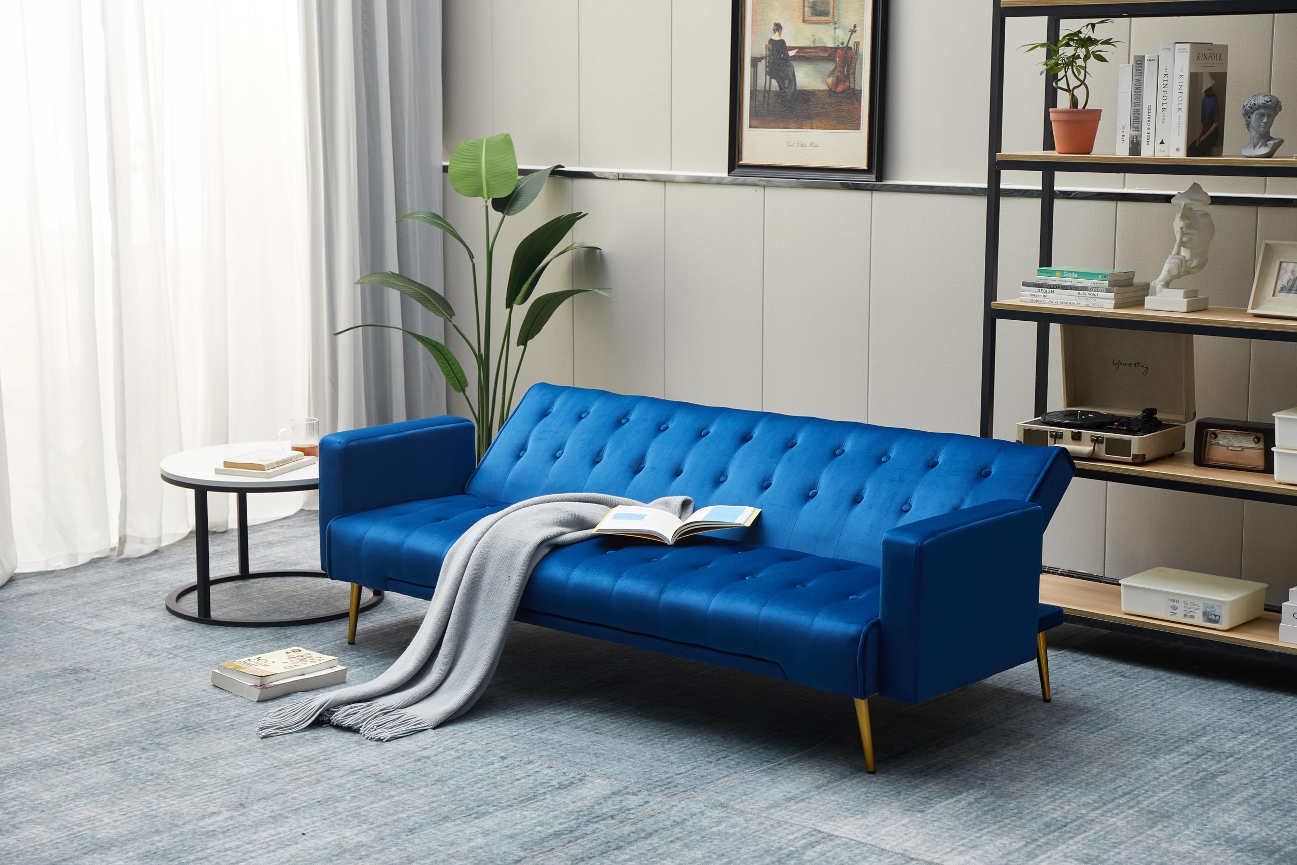 MODCART 75Inch Velvet Futon Sofa Bed with Adjustable Back, Convertible Futon Couch, w/Tufted Buttoned Design & Metal Legs, Upholstered Slpper Bed for Home, Small Space Apartment