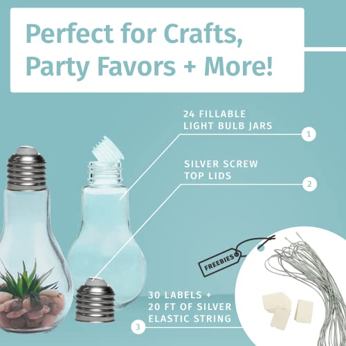 Plastic Light Bulb Jars Silver - 24pc Case - 100ml Clear - with Labels and String - Fillable with Candy, Ideal for Crafts
