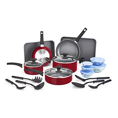 VECELO Dining Table Set with 4 Chairs, Retro Brown & Bella Nonstick Cookware Set - Aluminum Bakeware, Pots and Pans, Storage Bowls & Utensils, Compatible with All Stovetops, 21 Piece, Red