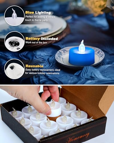 Homemory 24-Pack Flameless Blue LED Tea Lights Candles Bulk, 200+ Hours Long-Lasting Battery Operated Tea Lights, Blue TeaLights for Party, Wedding, Holiday [White Base]