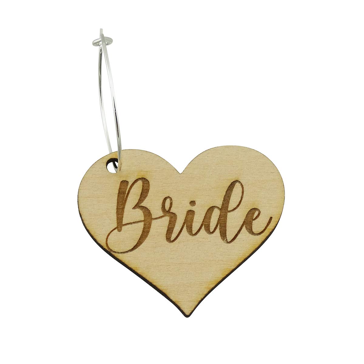 FashionJunkie4Life Wedding Guest Wine Glass Charm Markers - Laser Engraved Wood - Wedding Favor Table Decor - Comes with Silver Hooks (Bride)