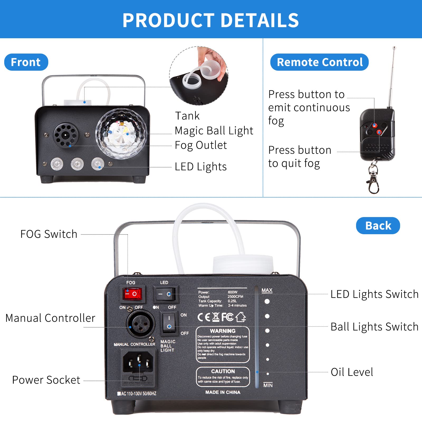 Fog Machine 600W Smoke Machine with Disco Ball Lights 2300 CFM Huge Fog with Wireless and Wired Remote Control for Parties Halloween Wedding Christmas Dance DJ
