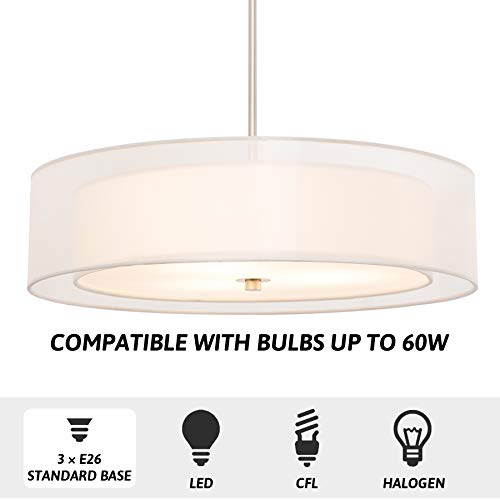 VONLUCE 3 Light Double Drum Pendant Light, 20" Brushed Nickel Convertible Semi-Flush Mount Drum Ceiling Light Fixture for Kitchen Island Dining Table Bedroom, Modern Hanging Lights Chandelier