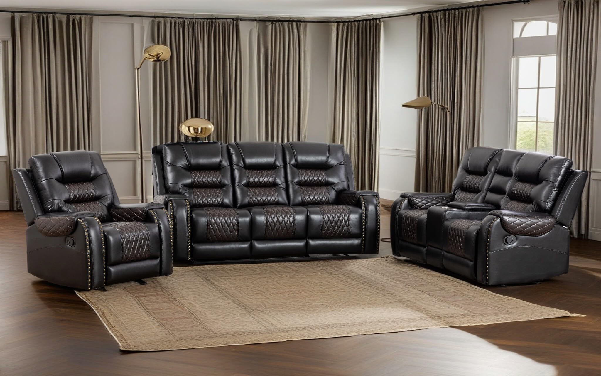 MODCART Manual Leather Recliner Sofa Set, with Drop-Down Table, Cupholders, PU Reclining Sofa Set for 3-Pieces(Sofa+Loveseat+Chair), Leather Recliner Couch Set for Home/Office
