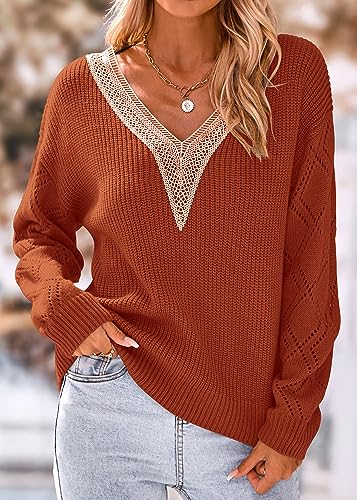 KIRUNDO Women’s 2023 Fall Casual Crochet Long Sleeve Lace V Neck Ribbed Knit Pullover Sweater Tops Rust Red