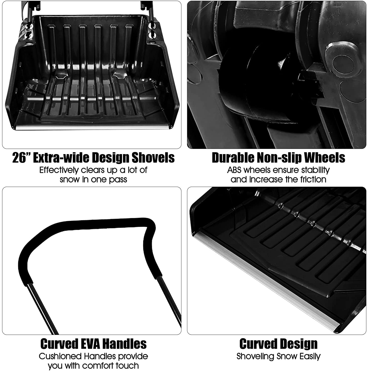 Hysache 26" Snow Shovel, Folding Snow Pusher Shovel w/Wheels & Adjustable Ergonomic Handle, Heavy Duty Rolling Snow Pusher for Driveway, Sidewalk, Patio (Black)