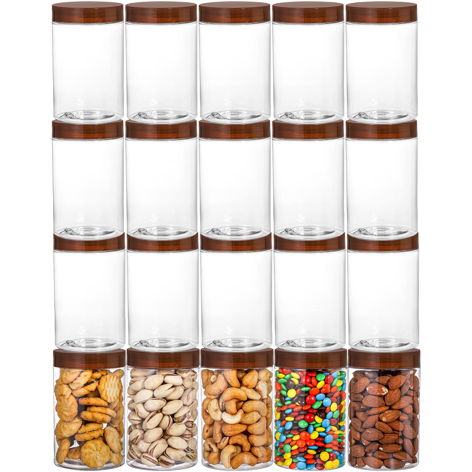 Fasmov 20 Pack 12 Oz Clear Empty Plastic Jars with Screw-on Lids, Ideal Containers for Kitchen and Home Storage, Brown