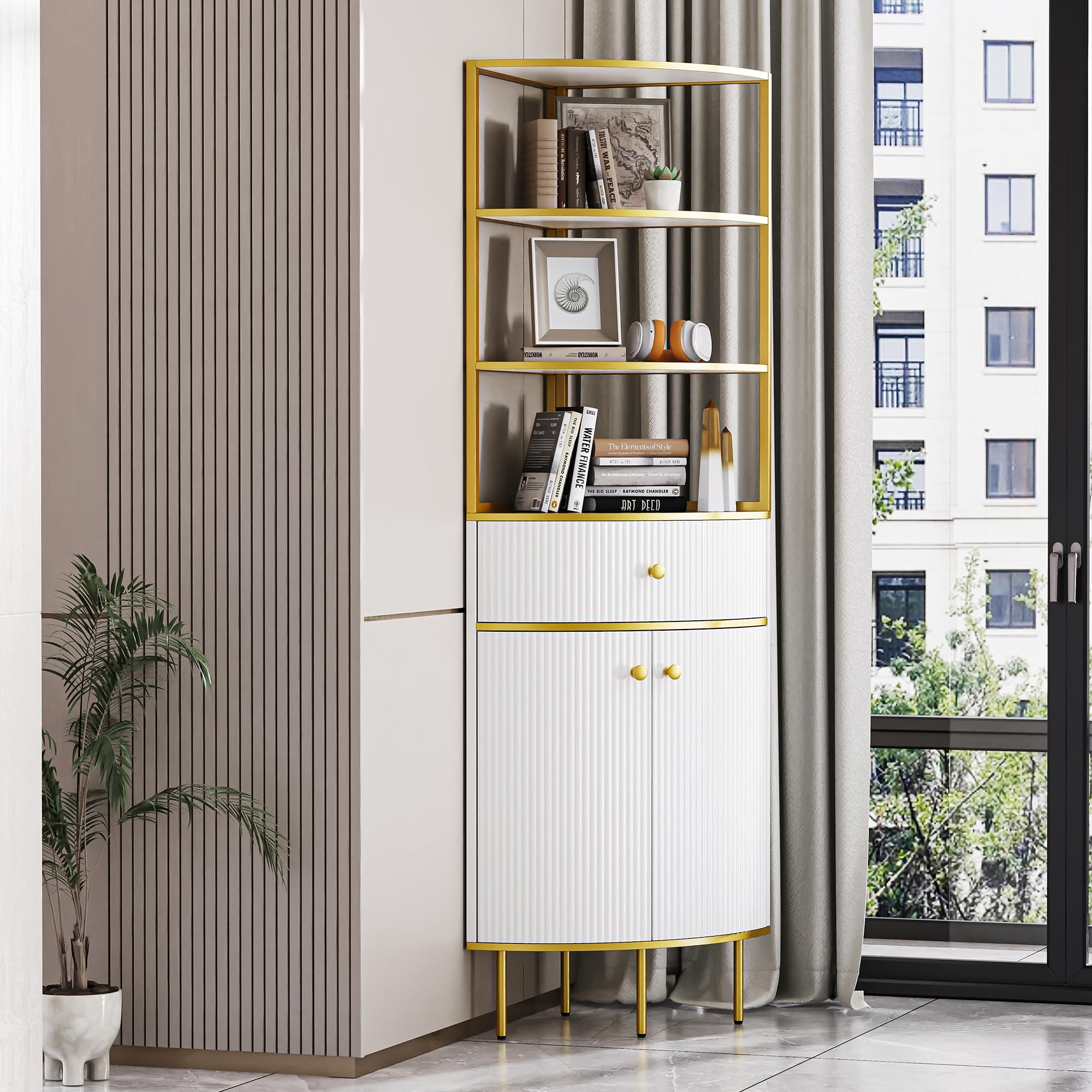 Modern 74.8" Tall Cabinet Corner Bookshelf, Fan Shaped Bookcase with Drawer and 2 Doors, Wooden Standing Corner Shelf with Gold Metal Frame for Living Room Study Room Home Office, White