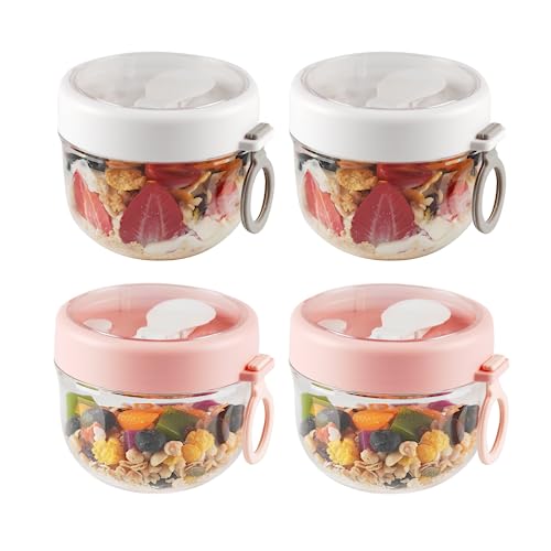 JAOBHAHY Mason Jars for Overnight Oats,4PCS Overnight Oats Jars with Lid and Spoon,20 oz Plastic Overnight Oats Jars with Large Capacity Airtight for Salad Yogurt,Cereal,Fruit