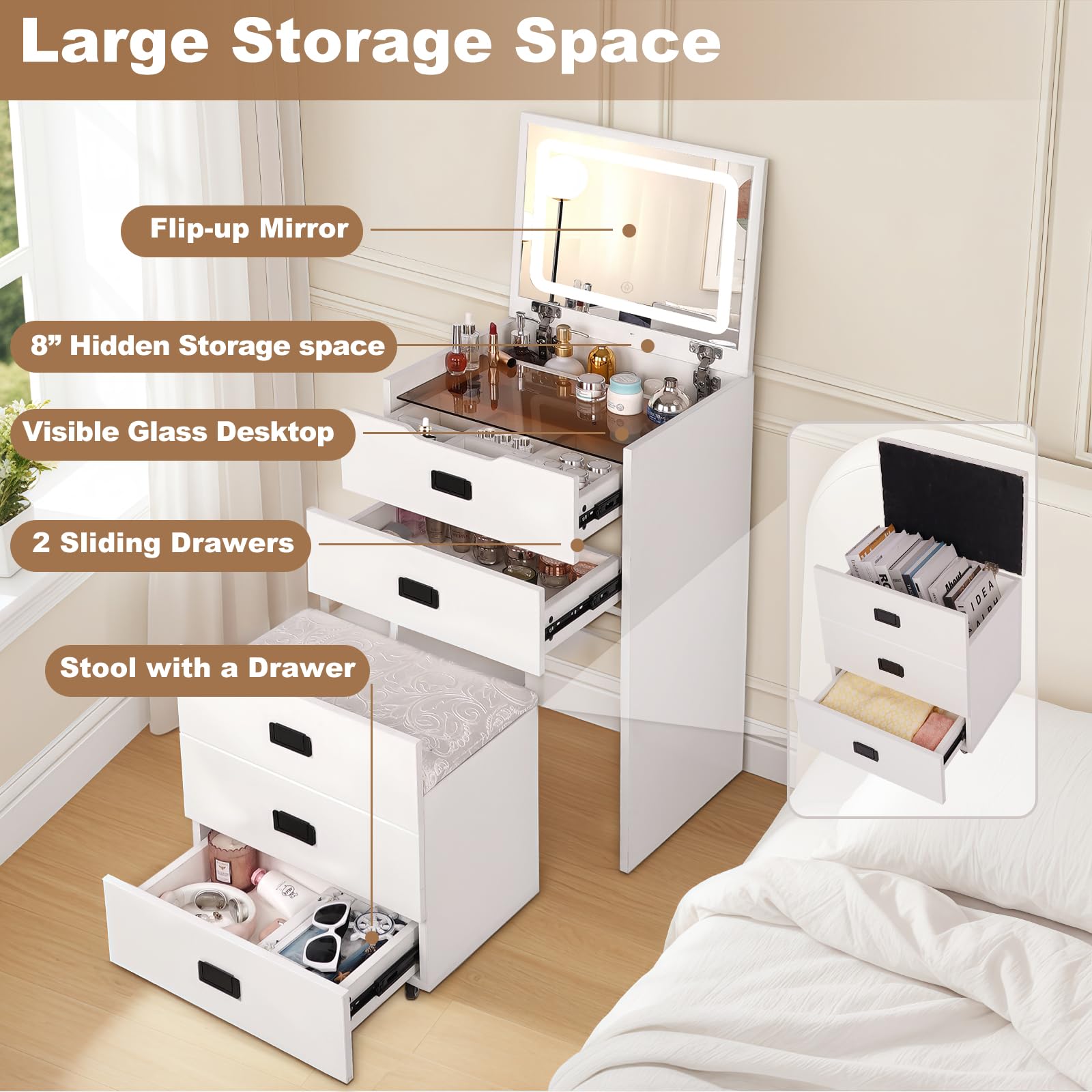 HVCBOSS 3 in 1 Vanity Desk with Plip Top Mirror, LED Light Small Make Up Vanity Set with Visible Glass Desktop, Compact Makeup Vanity with 4 Drawers, Dressing Table for Bedroom, White