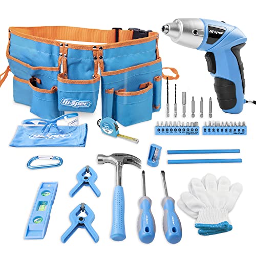 Hi-Spec 27 Piece Blue 4.8V Electric Cordless Power Screwdriver Bundle with Kids Belt Tool Kit Set