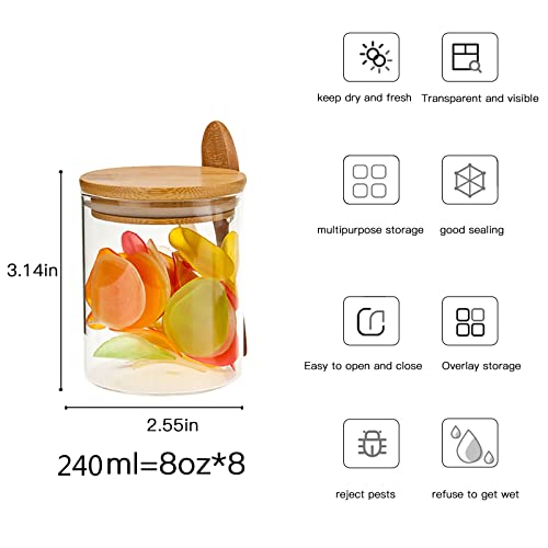 JOUALY 8-Pack Glass Food Storage Jar 8 oz,100% Sealed Borosilicate Glass Bamboo Glass Jars with Bamboo Lid and Bamboo Spoon for Candy, Spices, Coffee Beans, Nuts, Condiments, Cookies, Flour,Tea