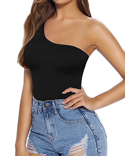 MANGOPOP Women's One Shoulder Off Sleeveless Long Sleeve Tank Top Bodysuit Jumpsuits (A Sleeveless Black, Small)