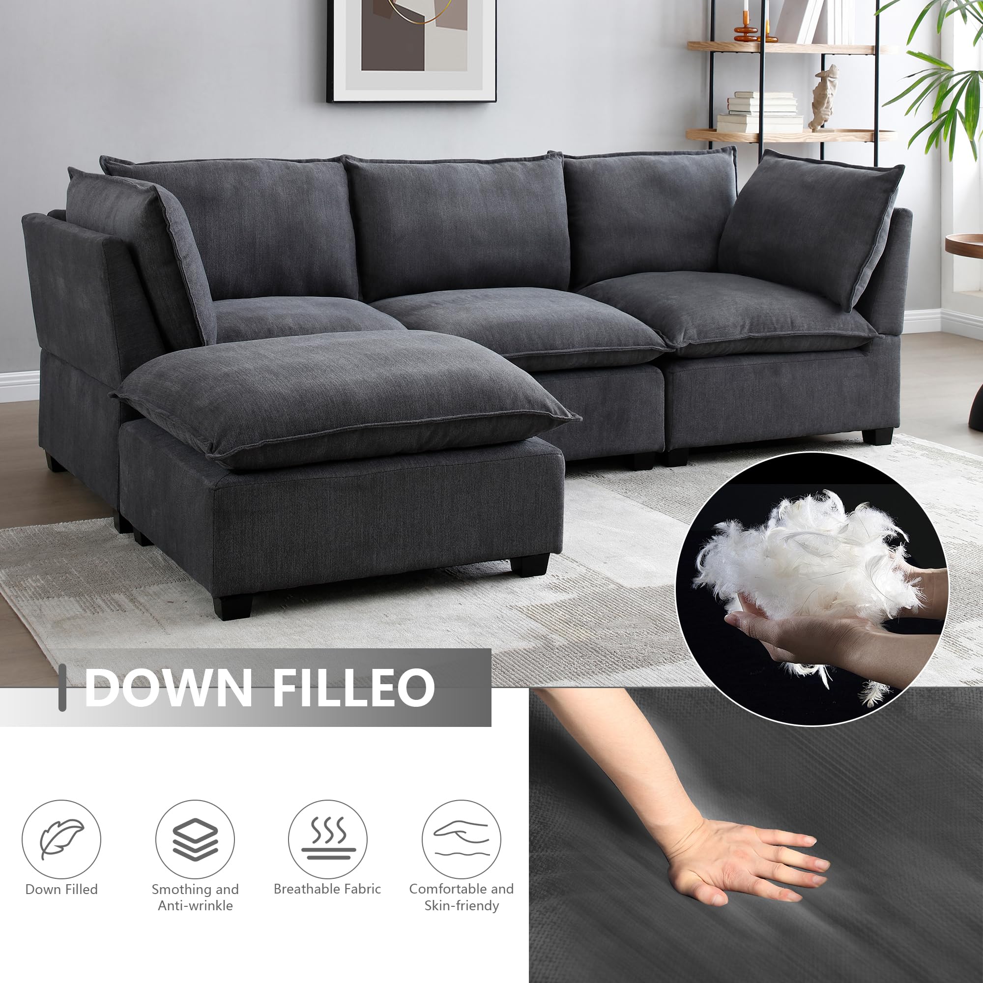 GNIXUU Cloud Modular Sectional Sofa, Convertible Large L-Shape Feather Filled Comfort Sectional Sofa with Ottoman, Linen Deep 4 Seat Couches for Living Room. Washable Cover, Gray