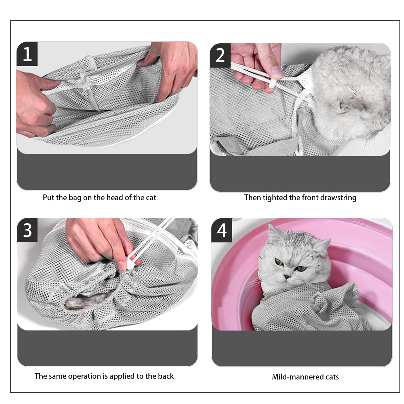 MSMUOEZ Adjustable Multifunctional Anti-Bite Shower net Bag,Cat Grooming Mesh Bag, Cat Bathing Bag,Cat Bath Brush and Pet Finger Toothbrush (B-Grey)