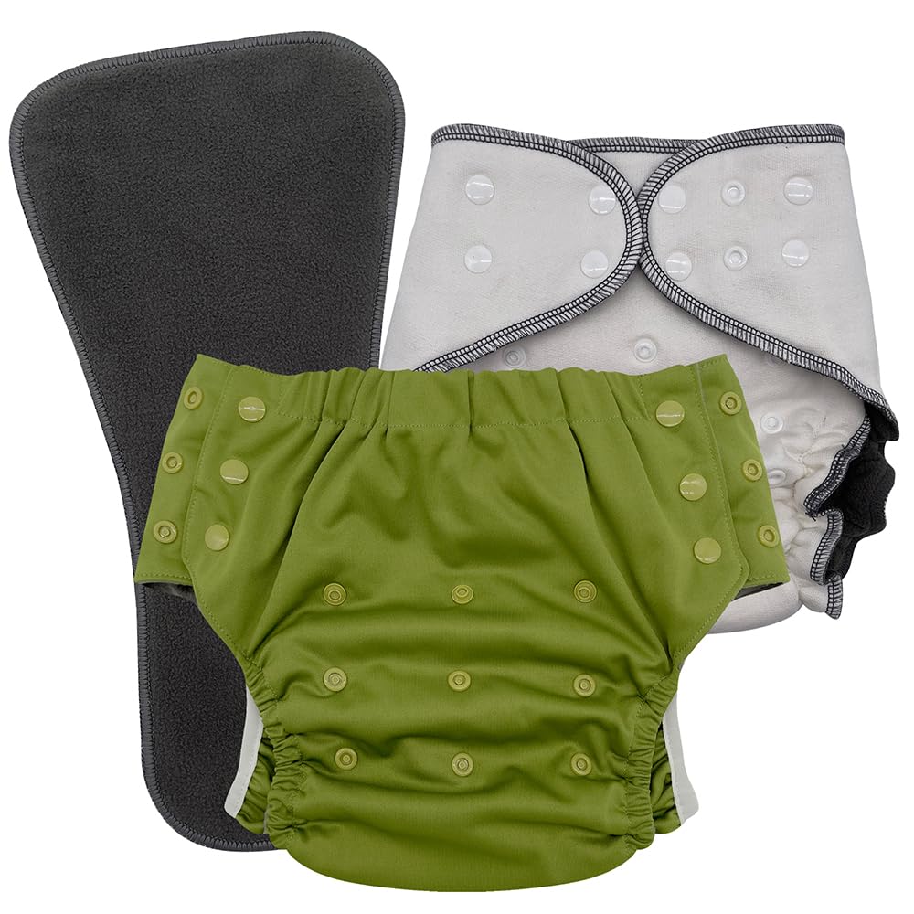 Special Needs Big Kids' Protective Briefs: Nighttime Cloth Diaper Set for Incontinence & Bedwetting, Age 6-16 Years (Olive Green, Junior 2)