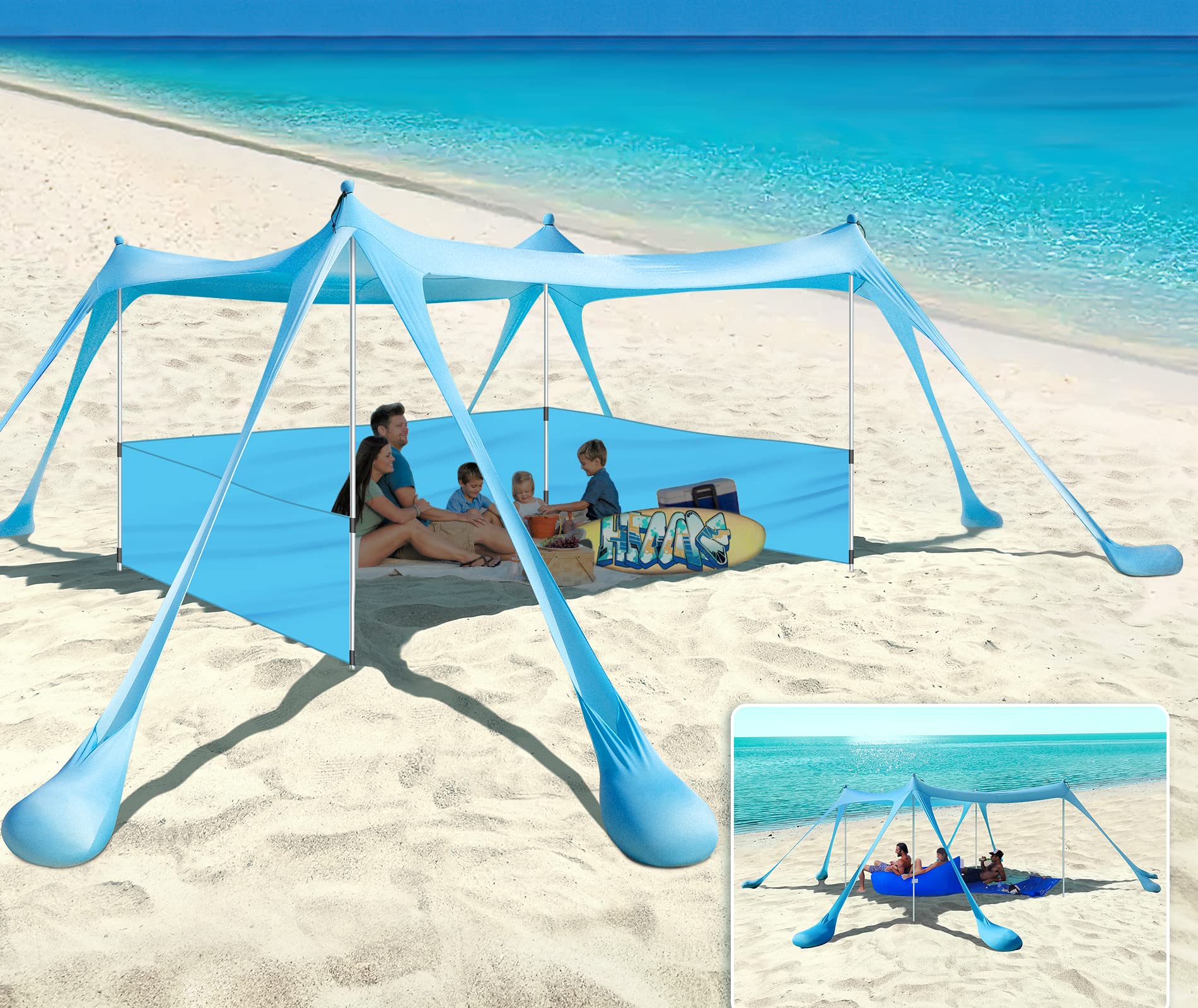 EYEFAME UPF50+ Anti-Wind Beach Tent with Sandproof Private Beach Wind Screen, Stable 8 Sandbags Design Beach Canopy Sun Shade with Carrying Bag, Portable Easy Assemble Sun Shelter for Outdoor Camping