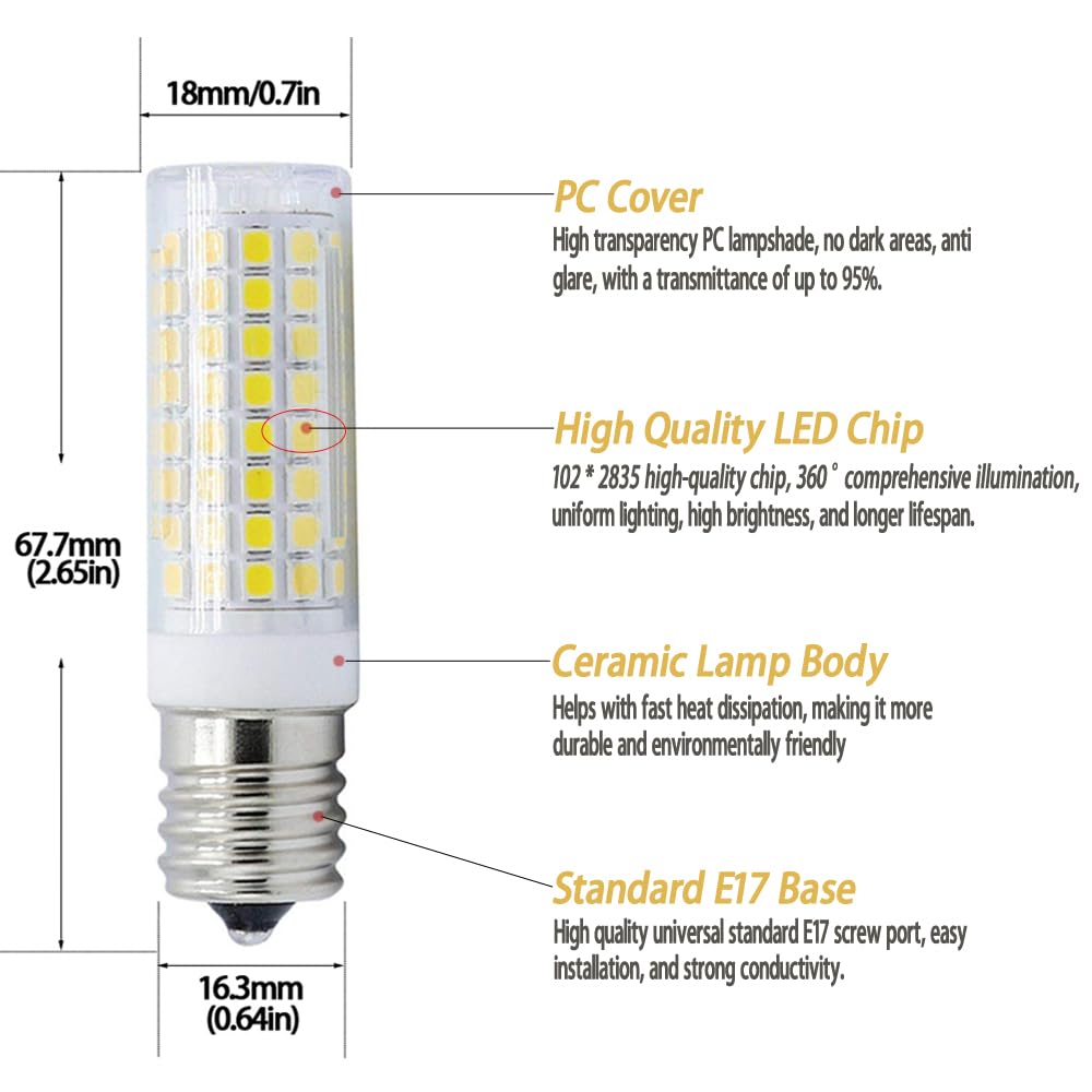 HXMLIHB E17 LED，8W Microwave Oven Bulb，80W Halogen Equivalent ，Dimmable E17 Bulb for Microwave Oven Over Stove Appliance，800Lm, AC110V/130V，Daylight White 6000K(Pack of 2)