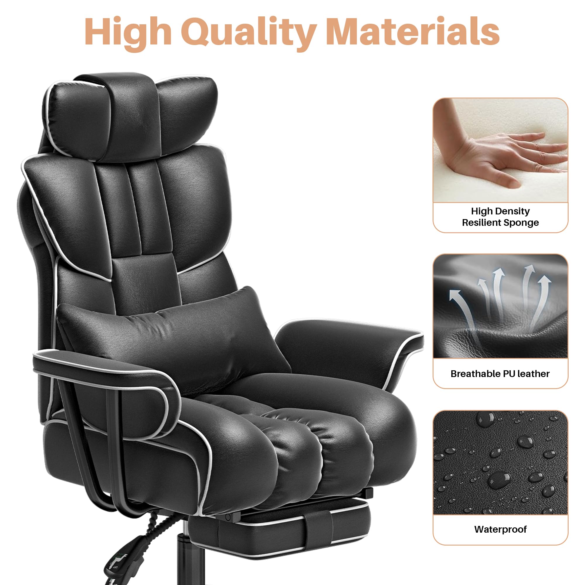 HomeZeer Big and Tall Office Chair 400lbs Wide Seat, Comfortable Reclining Office Chair with Footrest, High Back Leather Executive Office Desk Chair with Lumbar Support for Home Office