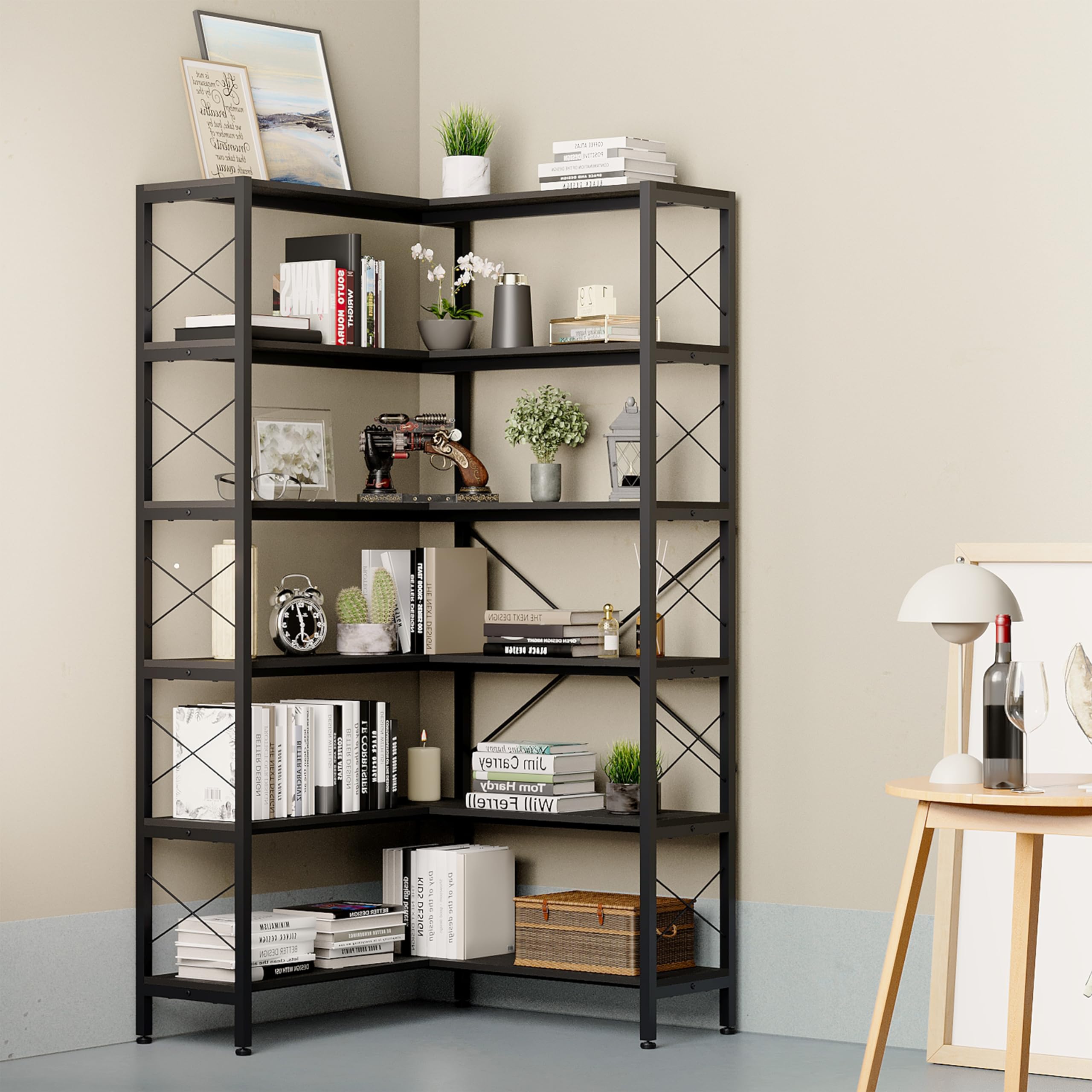 Jartoil Corner Bookshelves and Bookcases Industrial Corner Etagere Bookcase L Shaped Shelf 6 Tiers with Metal Frame for Living Room Home Office