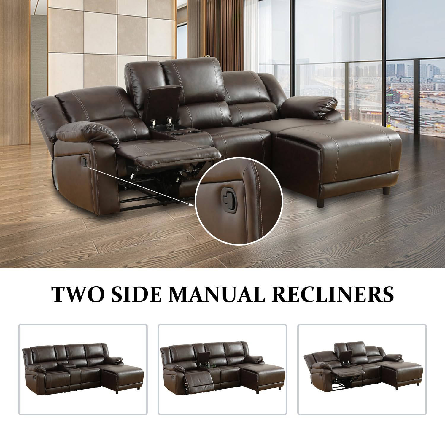 Plithzy Manual Recliner Sofa Couch with Chaise, Breathing Leather Reclining Sectional Sofa, Recliner Couch with Storage Console&Cup Holder for Living Room Apartment (121" Leather Sofa, Brown)