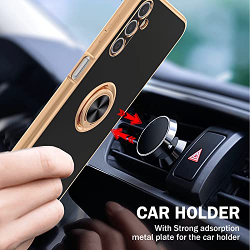 Jasmeas Case Compatible with Samsung Galaxy A14 5G with 2 Screen Protector, with Ring Holder Plating Rose Gold Edge 360° Kickstand Cover Slim Soft Flexible TPU Protective Phone Cases for Women-Black