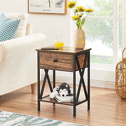 VECELO Set of 2 Nightstands X-Design Side Night Stand Storage Shelf with Bin Living Room Bedroom,Vintage Brown, End Table with Drawer