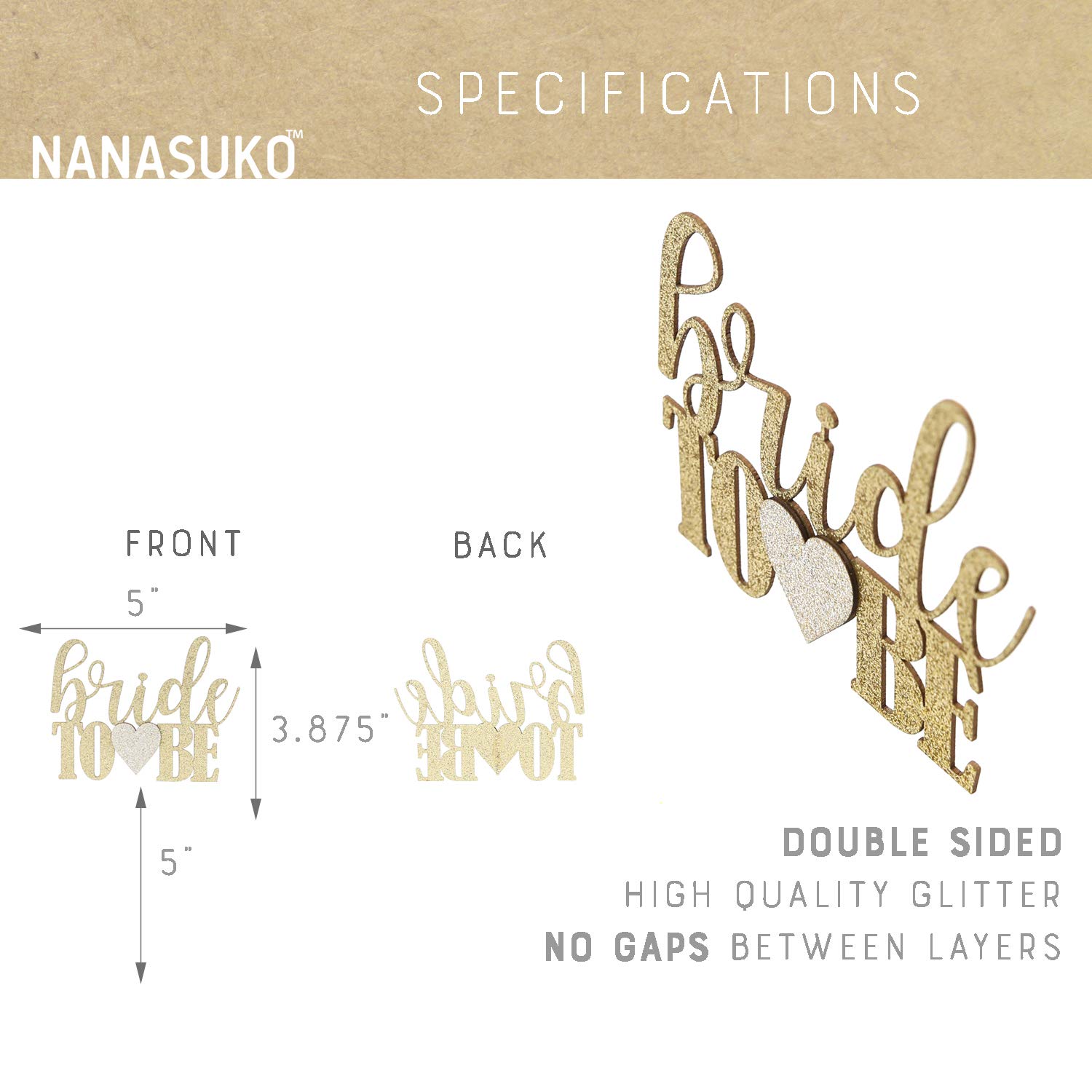 NANASUKO Bridal Shower Cake Topper - bride to be - double sided gold glitter with light gold heart - Premium quality Made in USA
