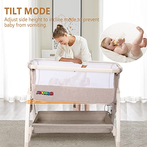 JOYMOR Bedside Sleeper Rocking Bassinet, Height Adjustable Breathable Net Bed Side Baby Cribs with Washable Mattress,Mosquito Net,Storage Basket for Infants, Beige