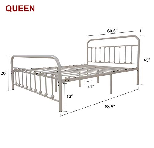 NEEBIRGELIA White Metal Bed Frame Queen Size with Headboard and Footboard Single Platform Mattress Base,Metal Tube and Iron-Art Bed(Queen,Grayish White)