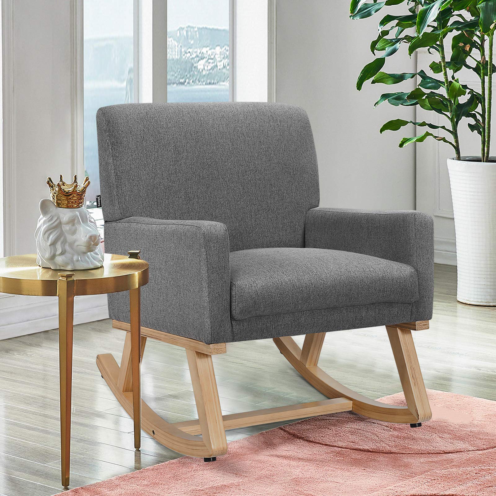 POWERSTONE Upholstered Rocking Glider Nursery Mid Century Accent Lounge Arm Chairs for Small Spaces Bedroom Living Room (Beige)