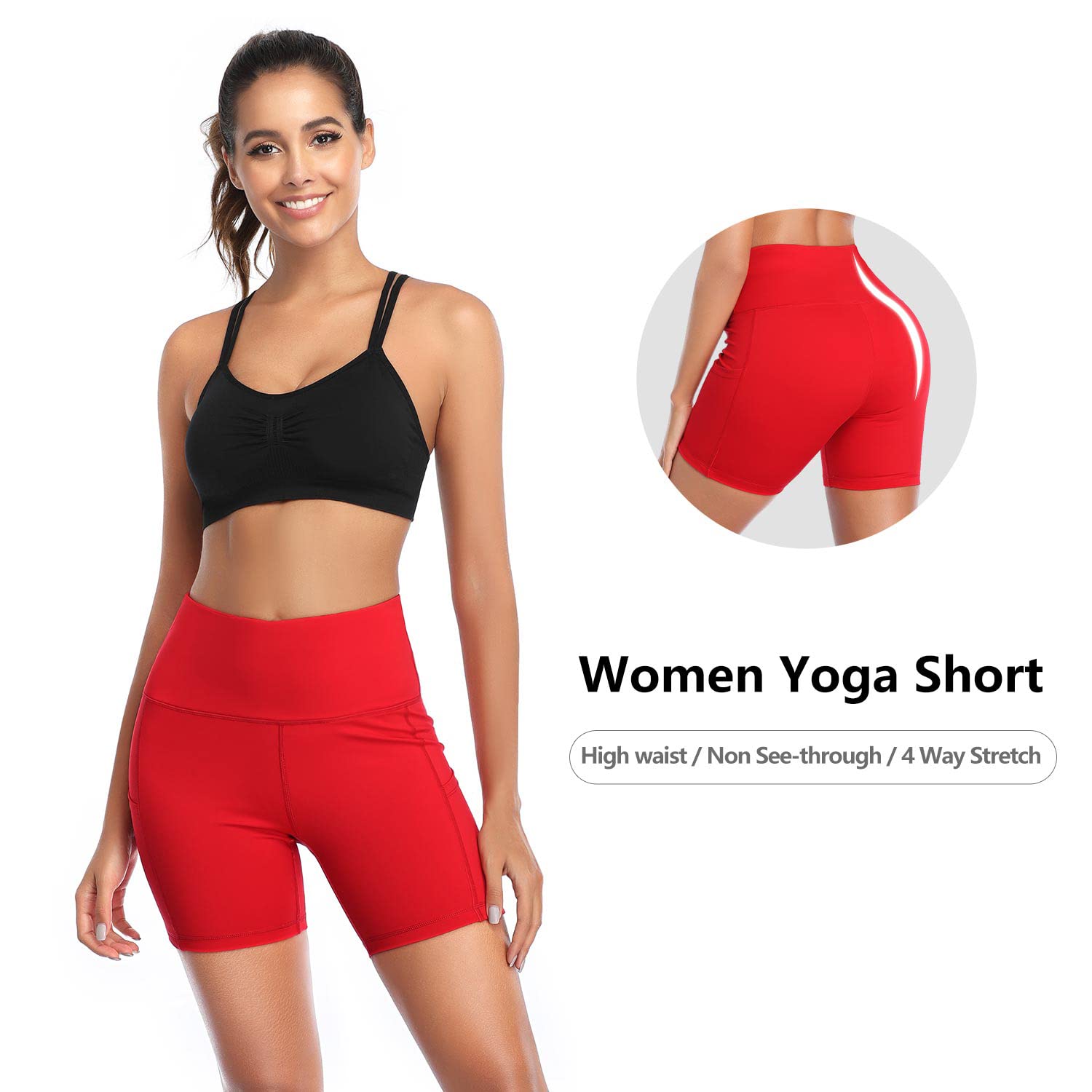 DAYOUNG Women Yoga Shorts High Waist Tummy Control Workout Biker Running Athletic Compression Short with Pockets Y27-Red-M