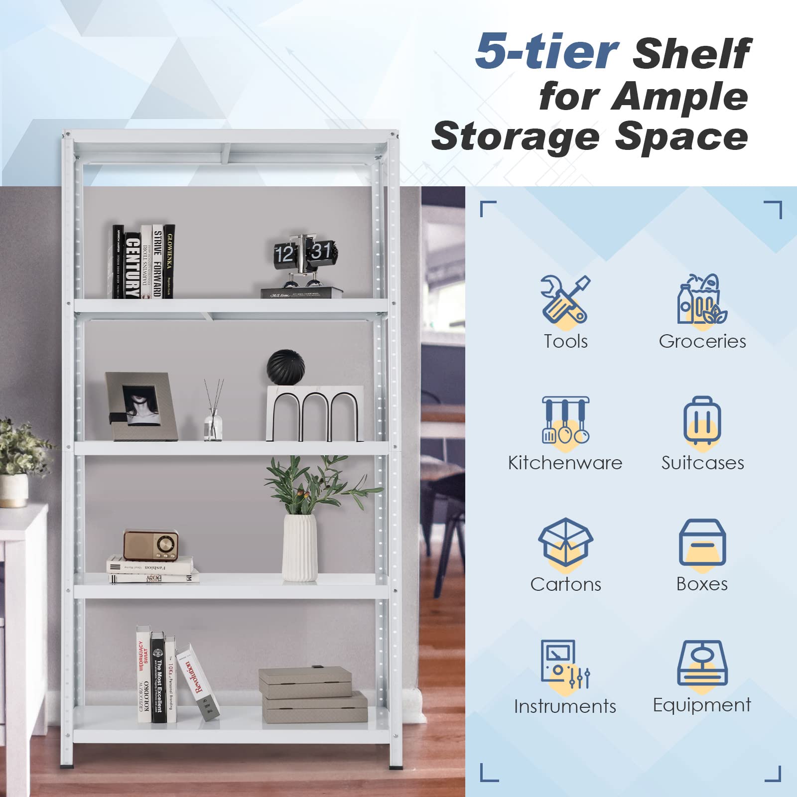 GOFLAME 5-Tier Metal Storage Shelves, Adjustable Garage Storage Shelving Unit, Heavy Duty Galvanized Utility Shelf Rack for Home, Warehouse, Garage, Workshop, 39" x 16" x 74", White, 1 Pack