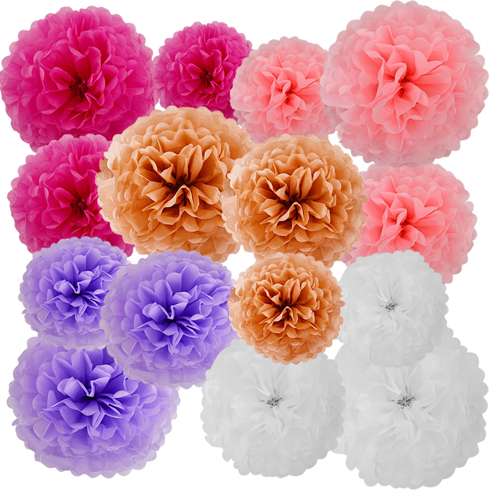 JRing 15Pcs Tissue Paper Pom Poms, Pink Rose Bean Pink, Colorful Paper Flower Wall Decorations for Birthday Parties Bridal Showers Weddings 10" to 14"(White, Blush Pink, Rose, Purple, Pink)