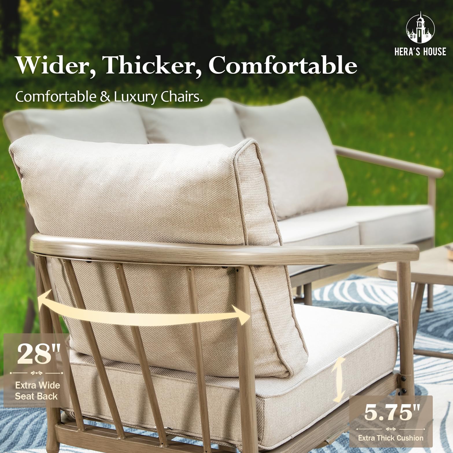 HERA'S HOUSE Patio Furniture Set, 2 x Cushioned Leg Chair, 3-Seat Sofa with Wood Grain Coffee Table, 5 Seats Luxury Windsor Style All Weahter Outdoor Sofa Conversation Set for Deck Lawn Backyard
