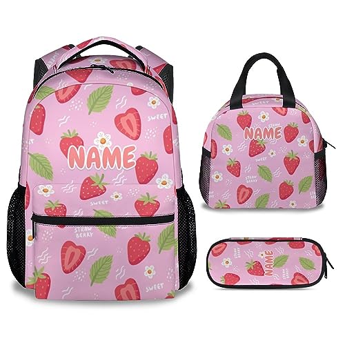 Homexzdiy Personalized Strawberry Backpack with Lunch Box Set for Girls, Custom 3 in 1 School Backpacks Matching Combo, Cute Pink Bookbag and Pencil Case Bundle